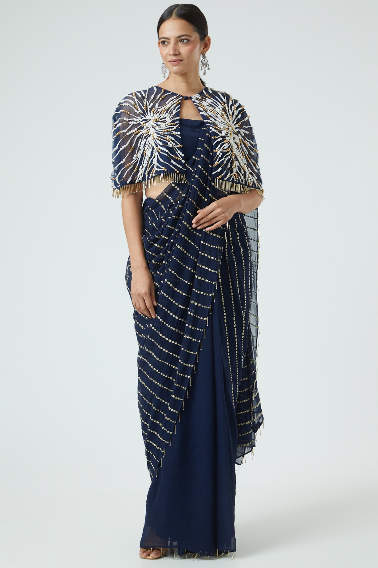 Navy Blue Embroidered Draped Jacket Saree Set by Shruti S at Pernia's ...