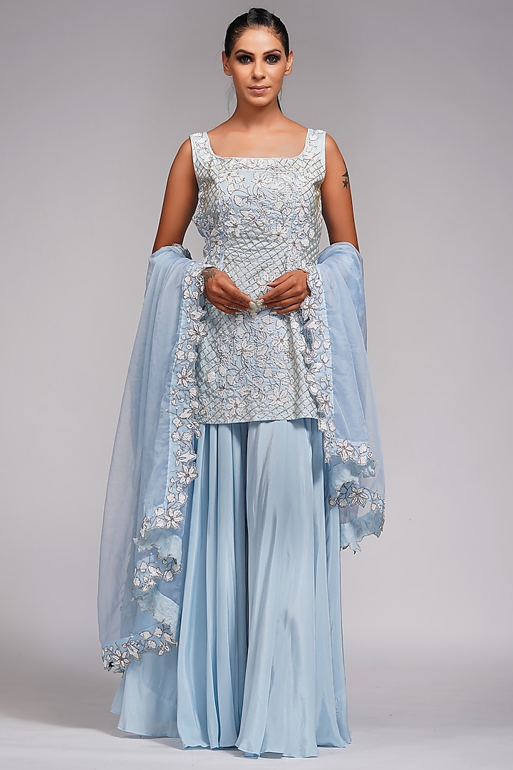 Powder Blue Crepe Sharara Set by Shruti S at Pernia's Pop Up Shop 2025