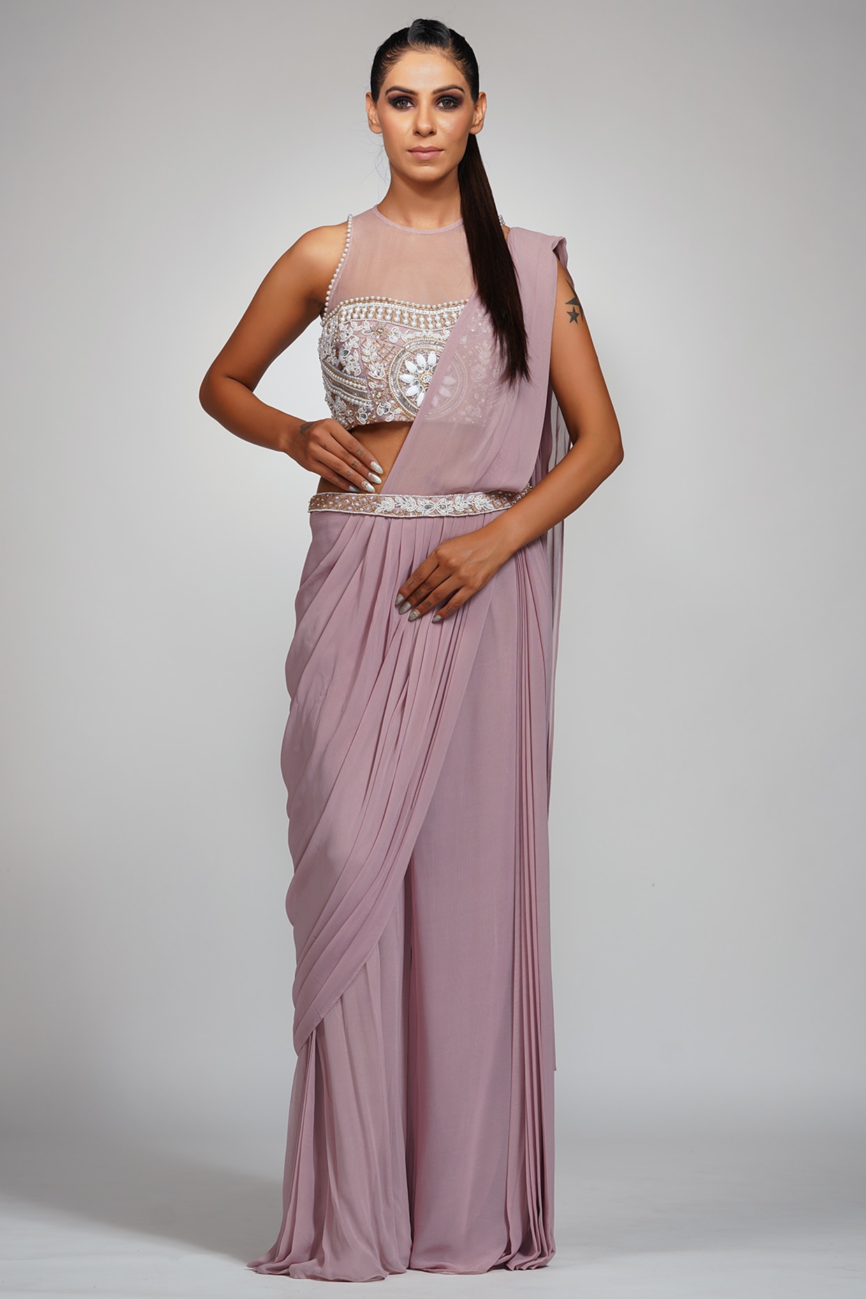 Lilac Georgette Pre Stitched Saree Set by Shruti S at Pernia's Pop Up ...