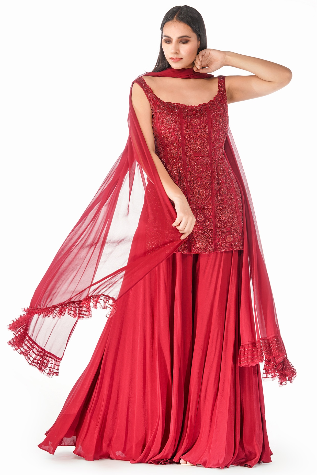 Red Geometric Embroidered Sharara Set by Shruti S at Pernia's Pop Up ...