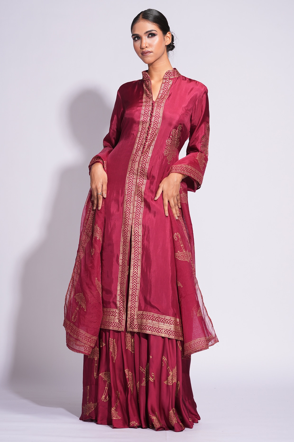 Maroon Modal Satin Sharara Set by Shruti S at Pernia's Pop Up Shop 2025