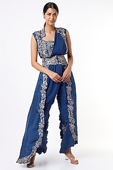 Cobalt Blue Draped Trouser Saree Set Design by Shruti S at Pernia's Pop ...