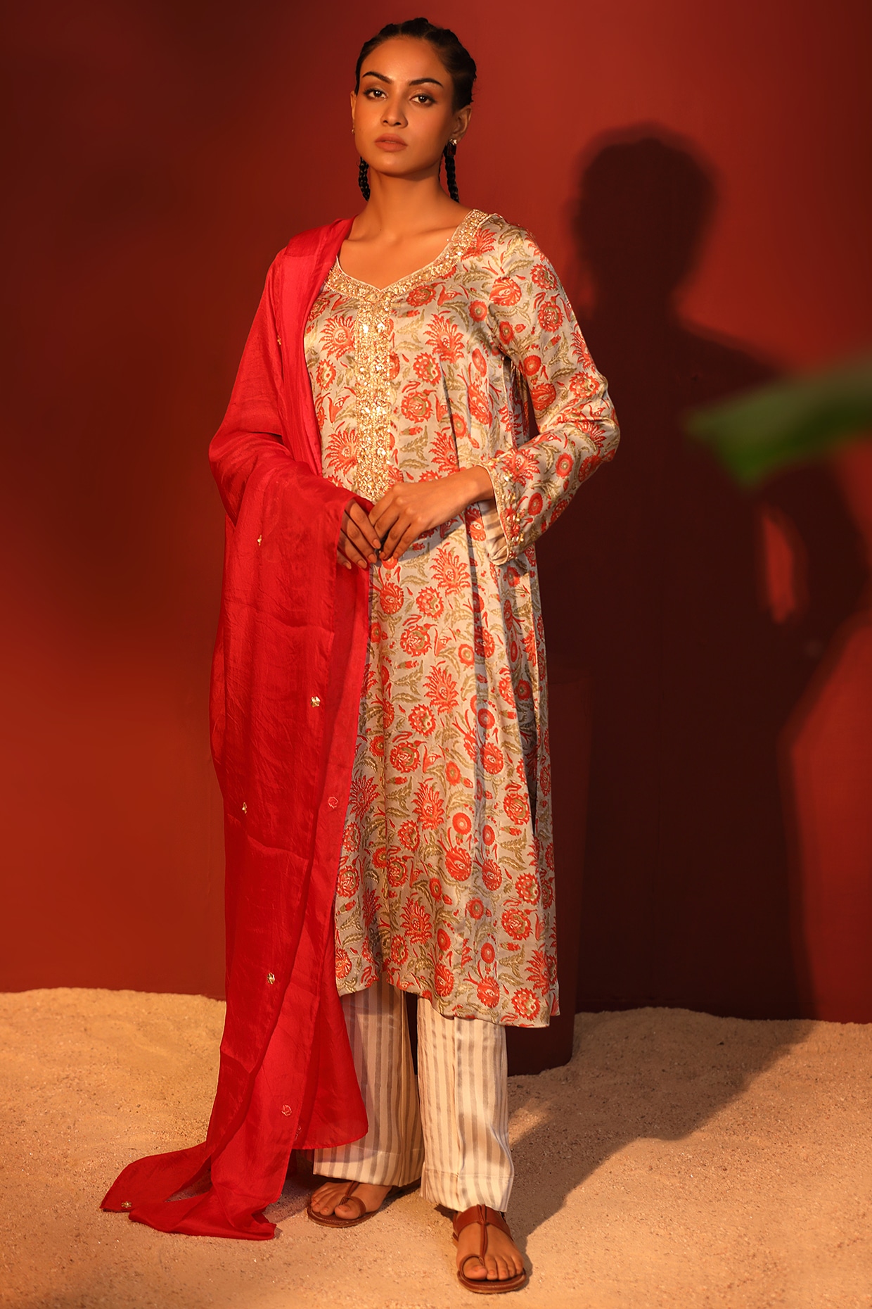 Grey Pure Satin Hand Block Printed & Embroidered Kurta Set by Shetab ...