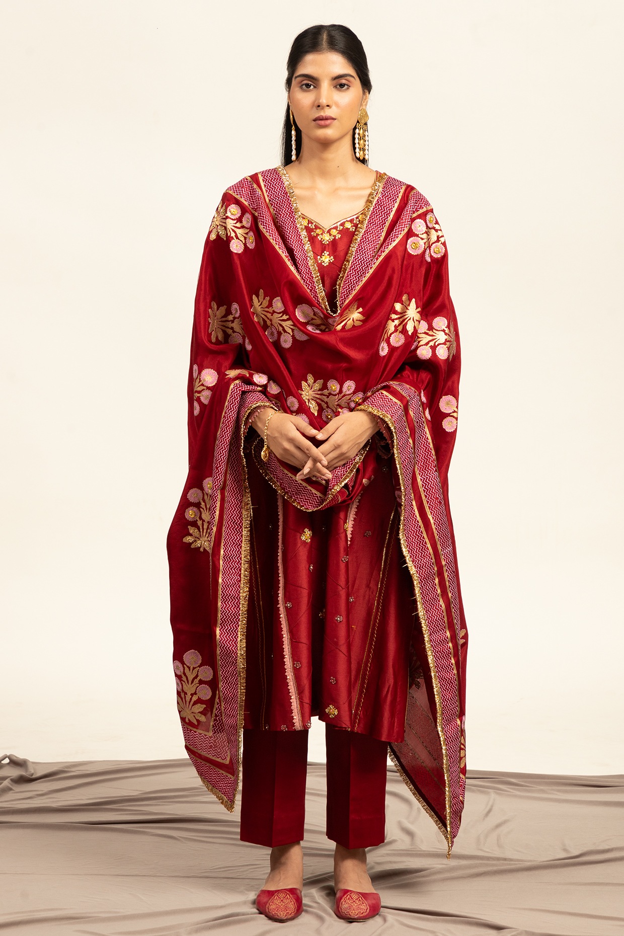 Carmine Pure Chanderi Hand Embroidered Kalidar Kurta Set by Shetab ...