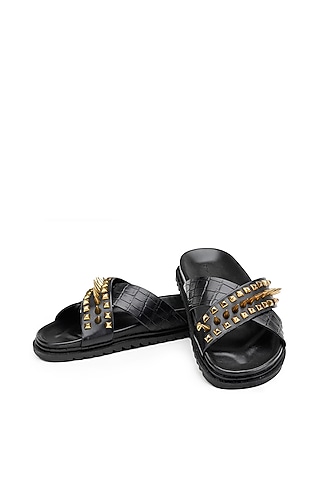 Black Croco Leather Embellished Slippers by SHUTIQ at Pernia's Pop Up ...