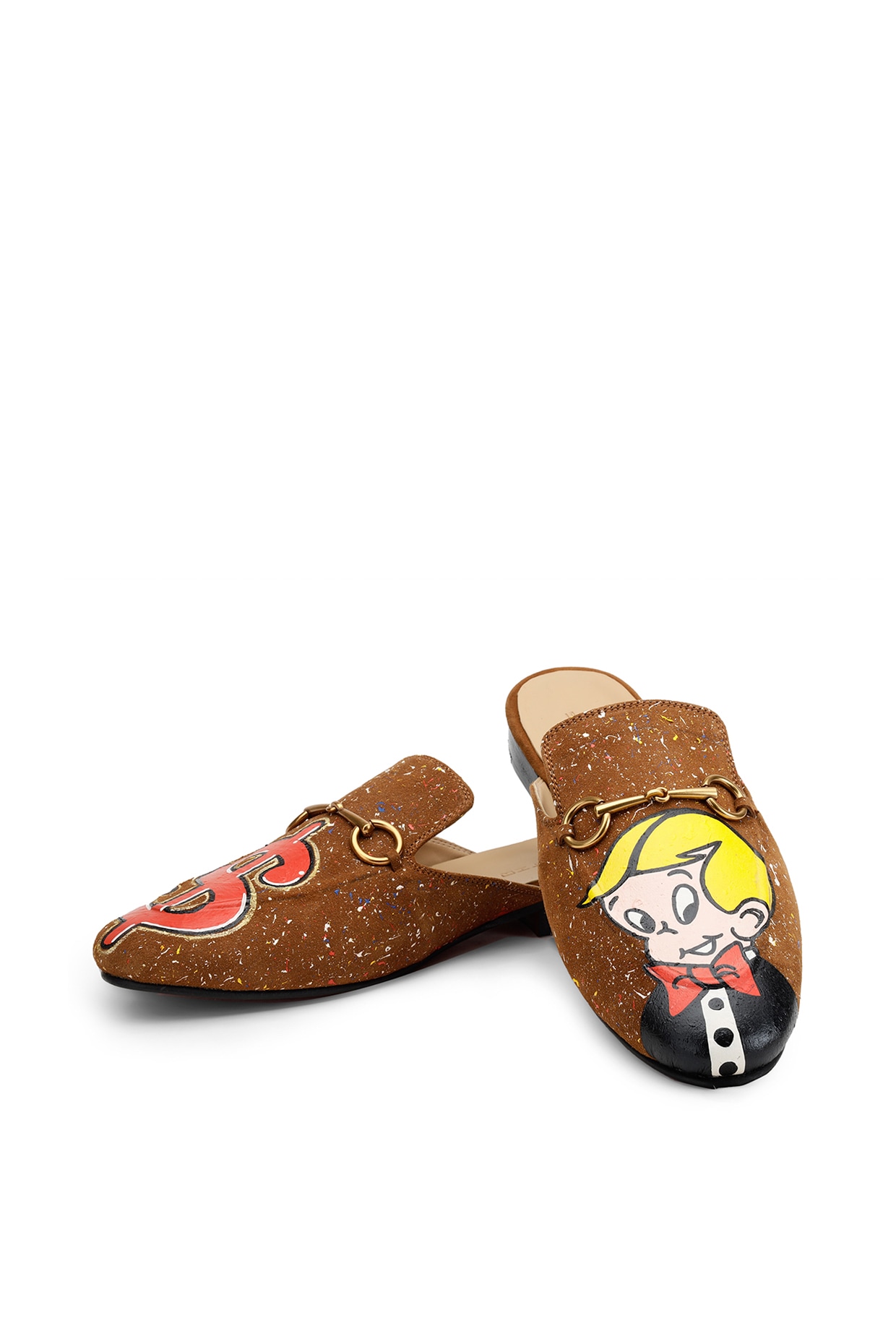 Tan Suede Hand Painted Mules by SHUTIQ at Pernia's Pop Up Shop 2025