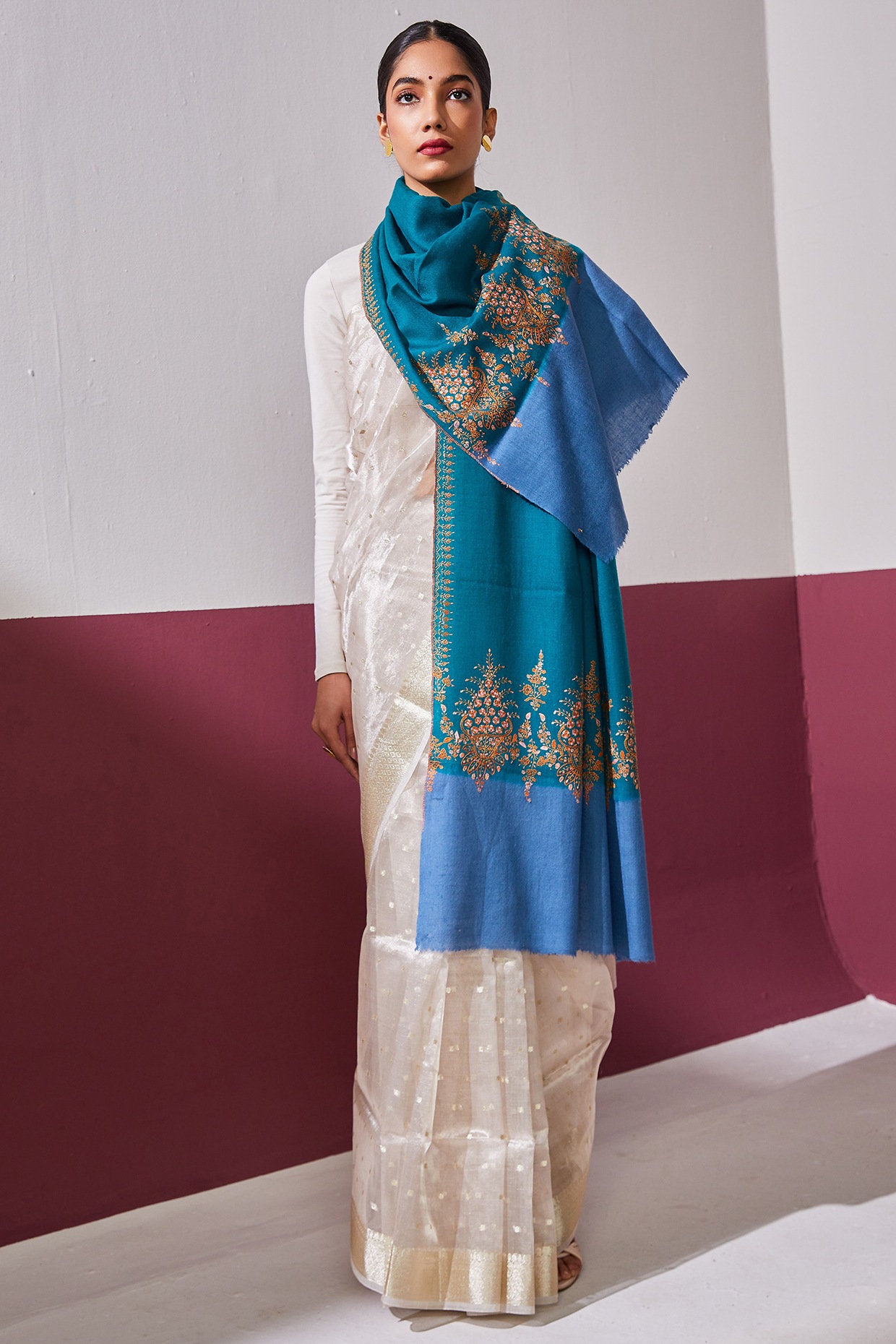 Blue Shaded Handloom Pashmina Kashmiri Needle Hand Embroidered Stole by ...