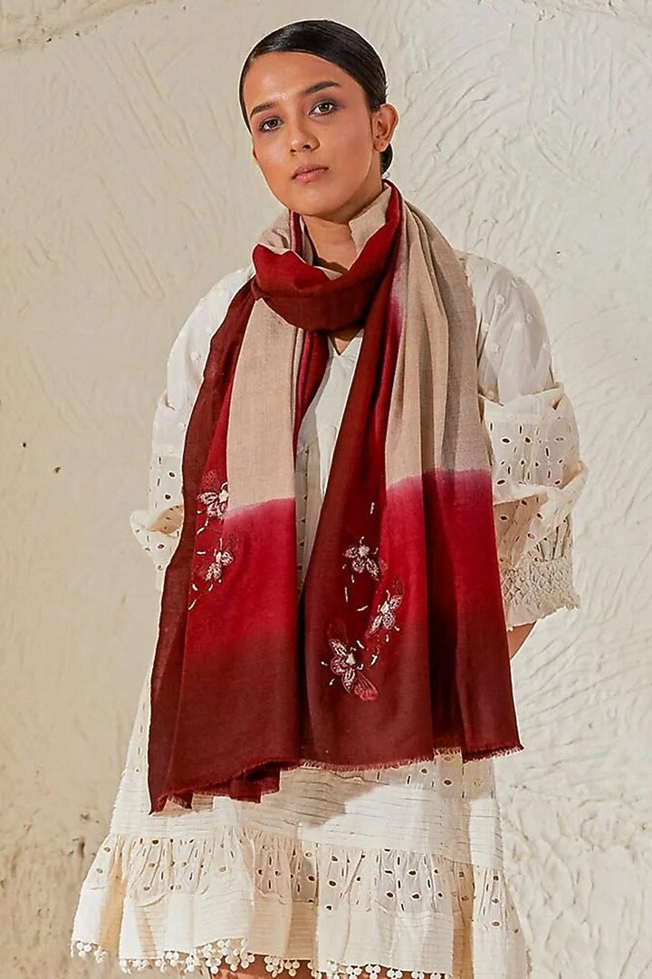 Red Ombre Pashmina Embellished Hand Painted Stole Design by Shaza at ...