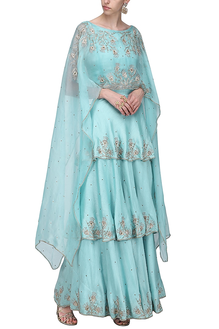 Powder blue crop top with cape and layered lehenga skirt available only ...