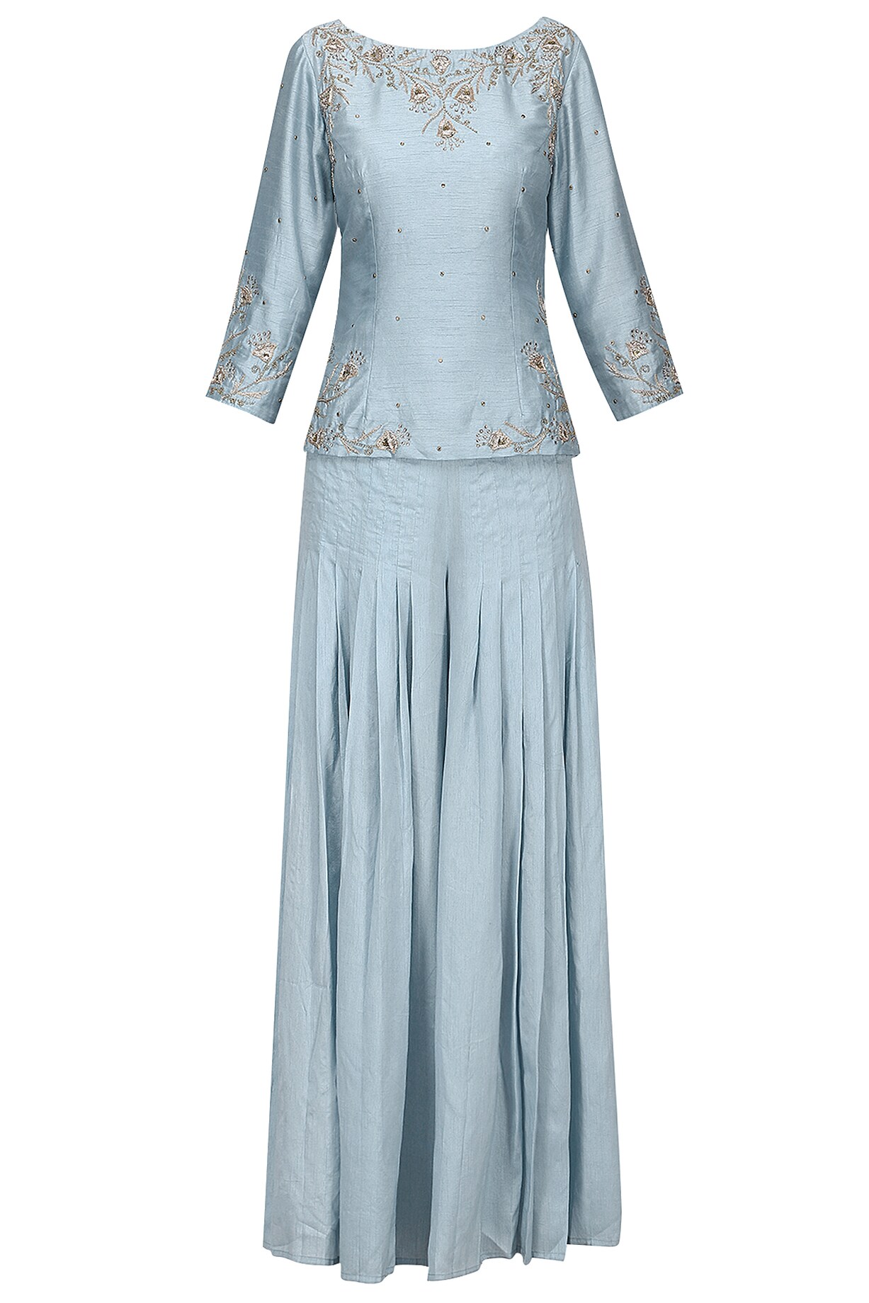 Powder blue embroidered top with pleated pants and dupatta available ...