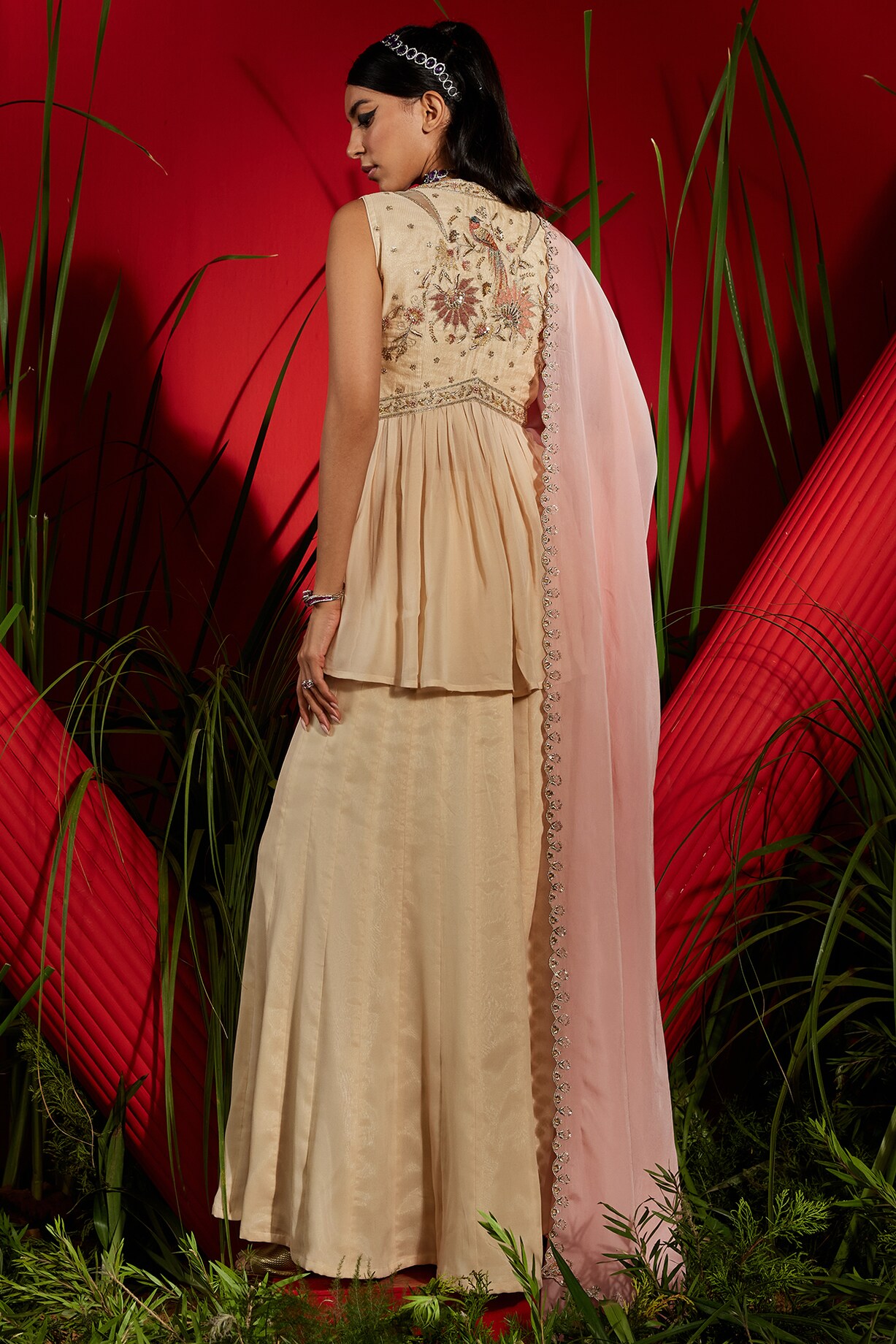 Beige Georgette Sharara Set Design by SHREEKA at Pernia's Pop Up Shop 2024
