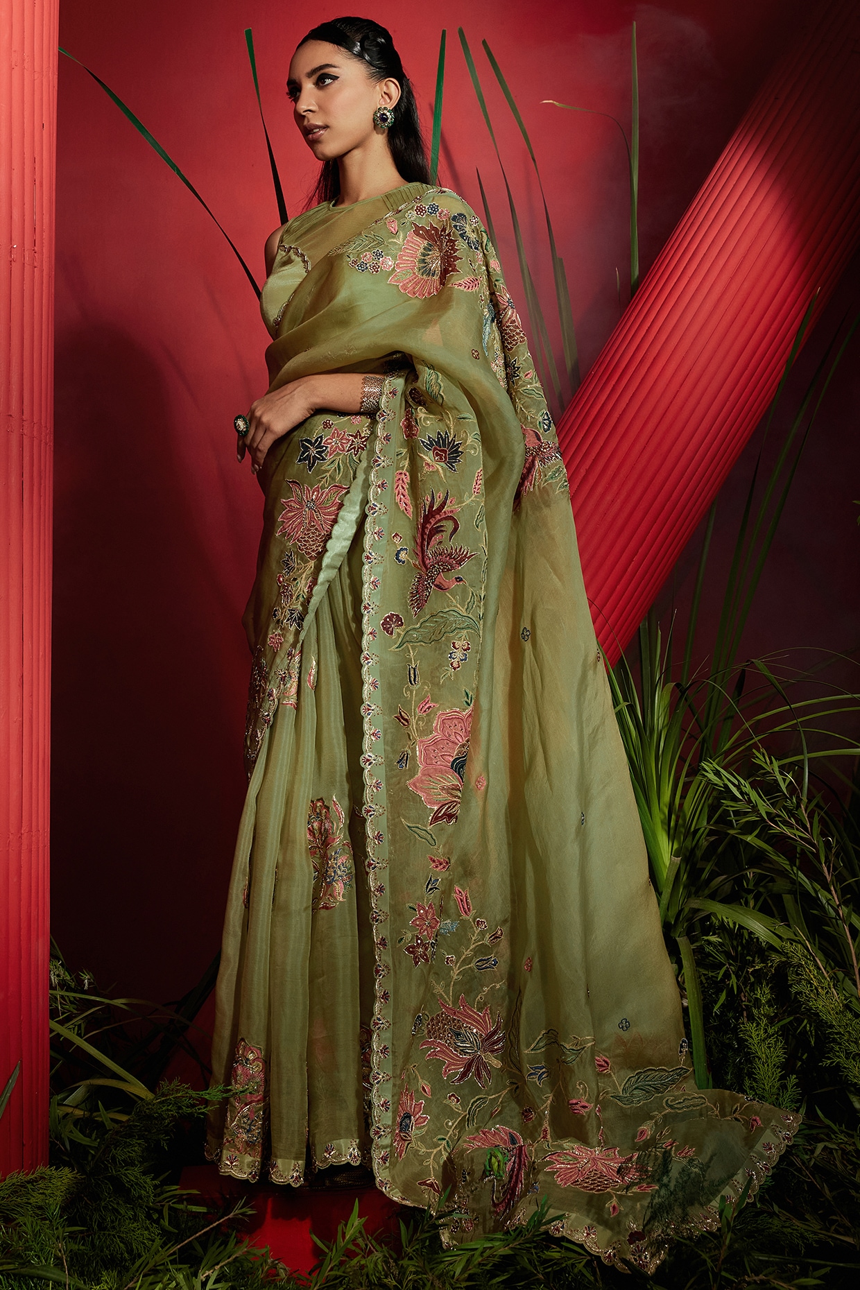 Olive Green Organza Silk Cutdana & Sequins Embellished Saree Set by ...