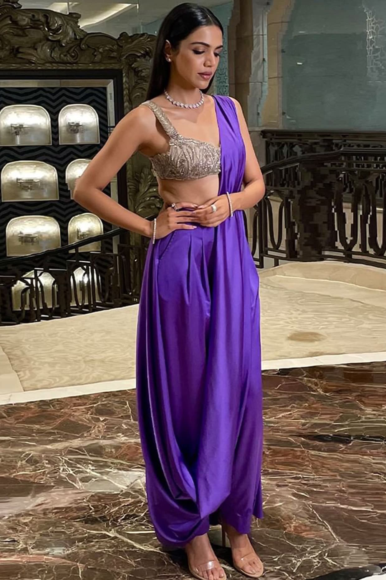 Purple Satin Pant Saree Set by Esha Sethi Thirani at Pernia's Pop Up Shop 2025