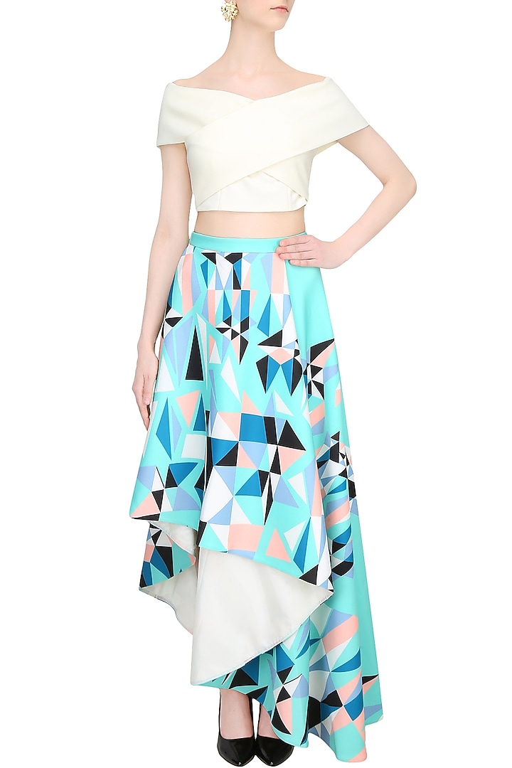 White cross over top with mint green printed asymmetric skirt available ...