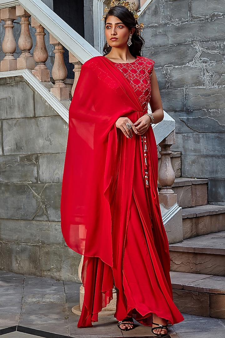 Scarlet Red Draped Dress by Shweta Aggarwal at Pernia's Pop Up Shop 2025
