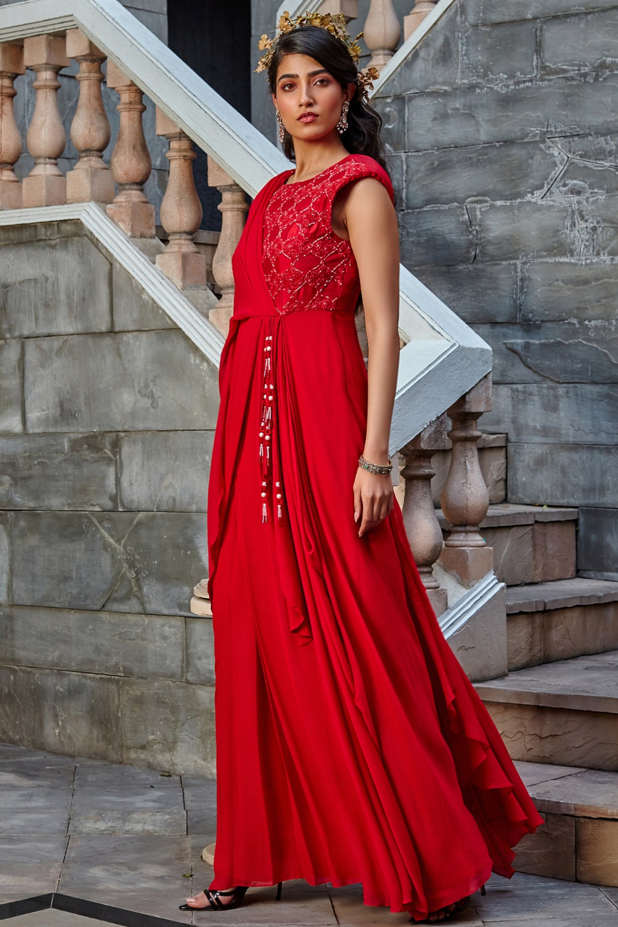Scarlet Red Draped Dress by Shweta Aggarwal at Pernia's Pop Up Shop 2025