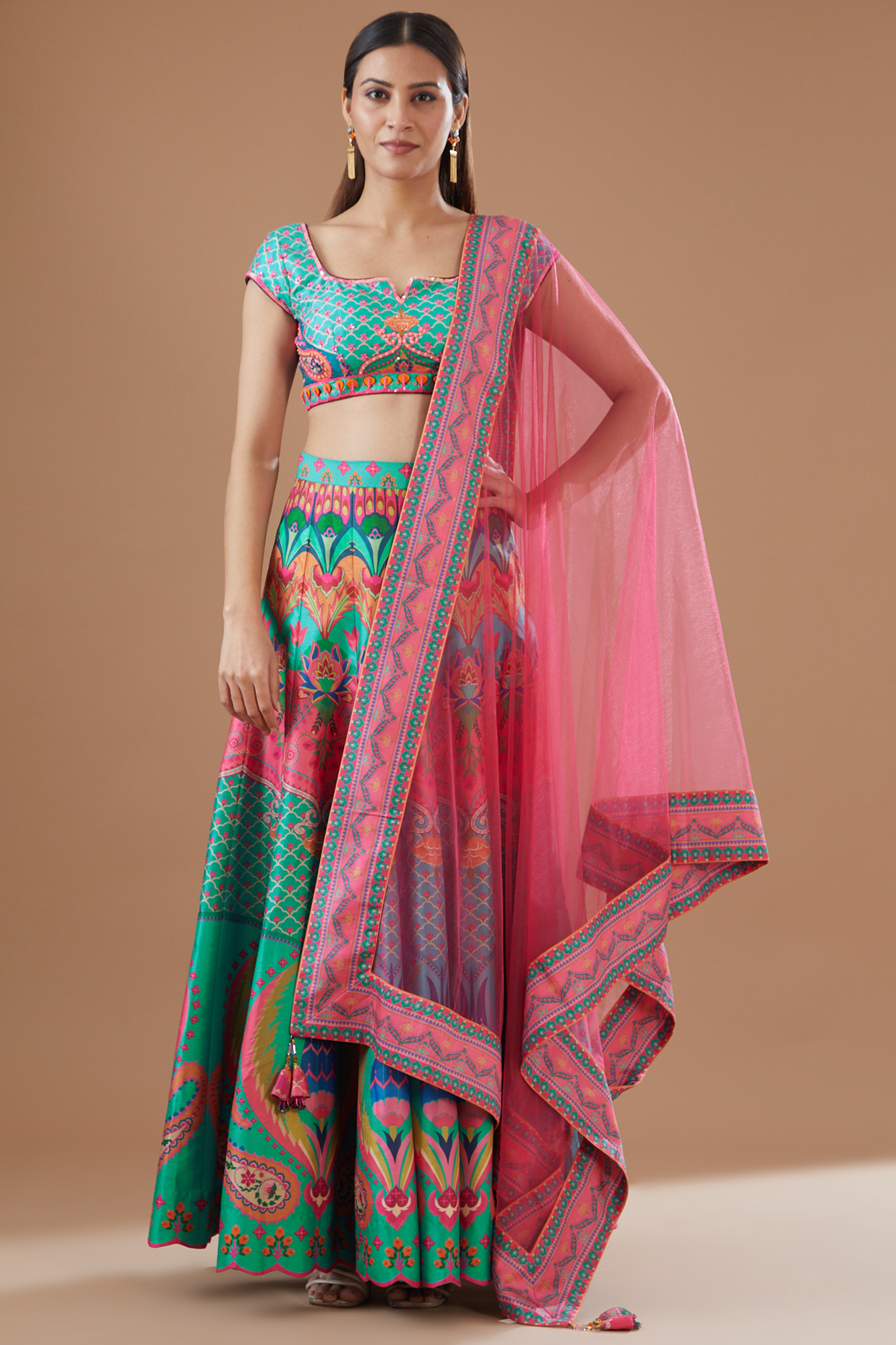 Multi Colored Dupion And Net Digital Printed Lehenga Set Design By