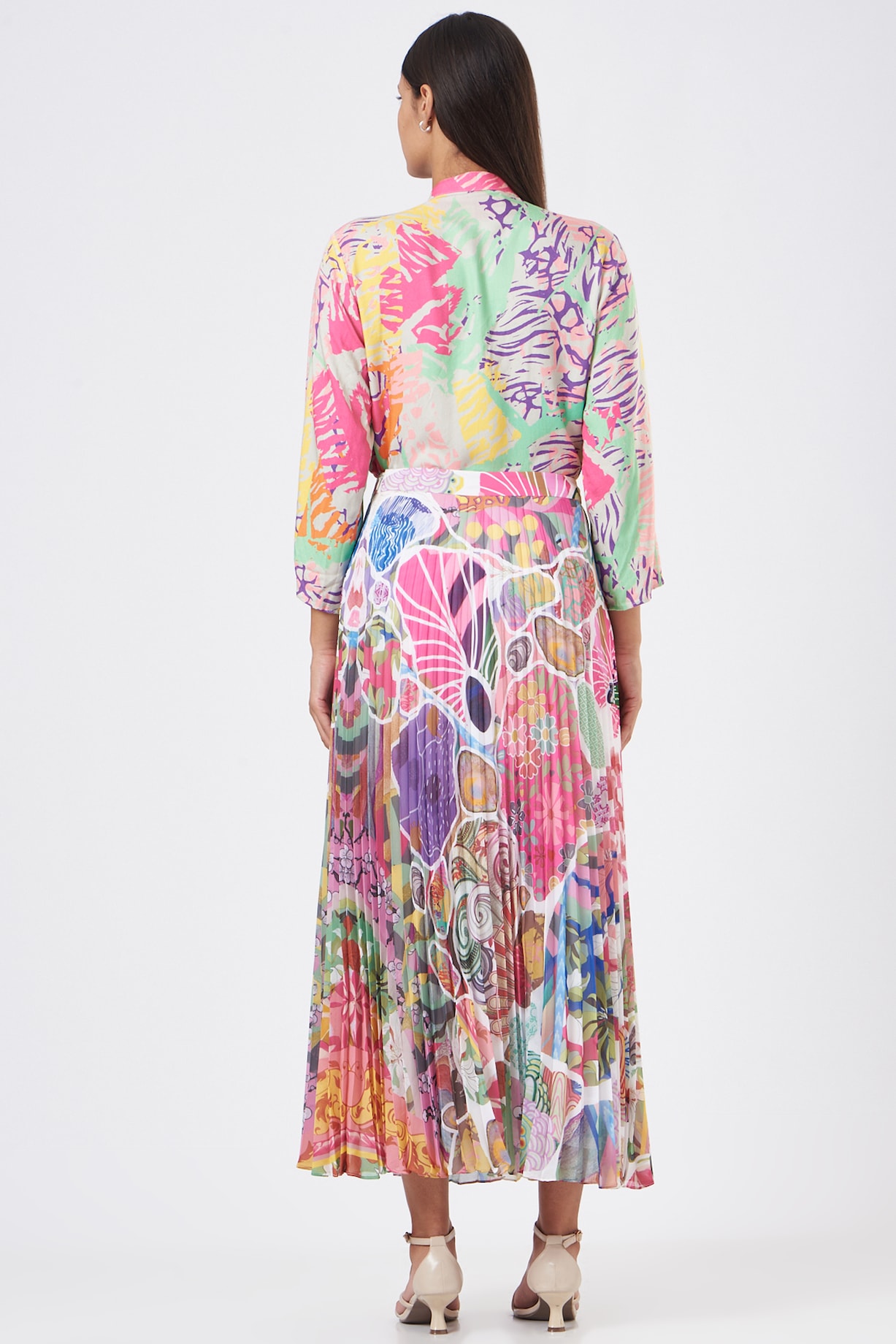 White Georgette Block Printed Pleated Maxi Skirt by SIDDHARTHA BANSAL ...