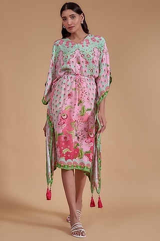 Powder Blue & Pink Pure Crepe Floral Printed Kaftan by SIDDHARTHA ...