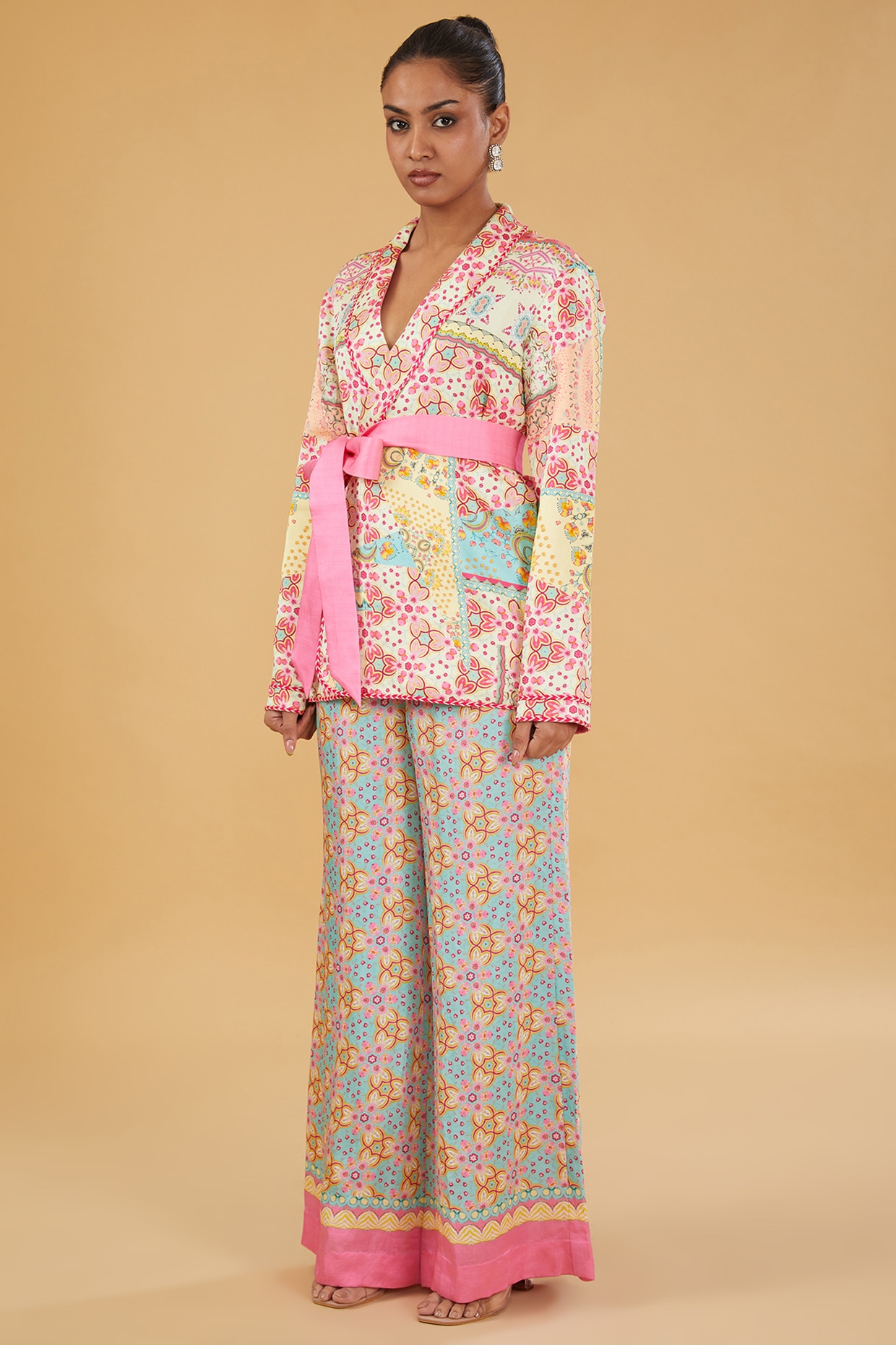 Pink & Yellow Linen Satin Embroidered Jacket Set by SIDDHARTHA BANSAL ...