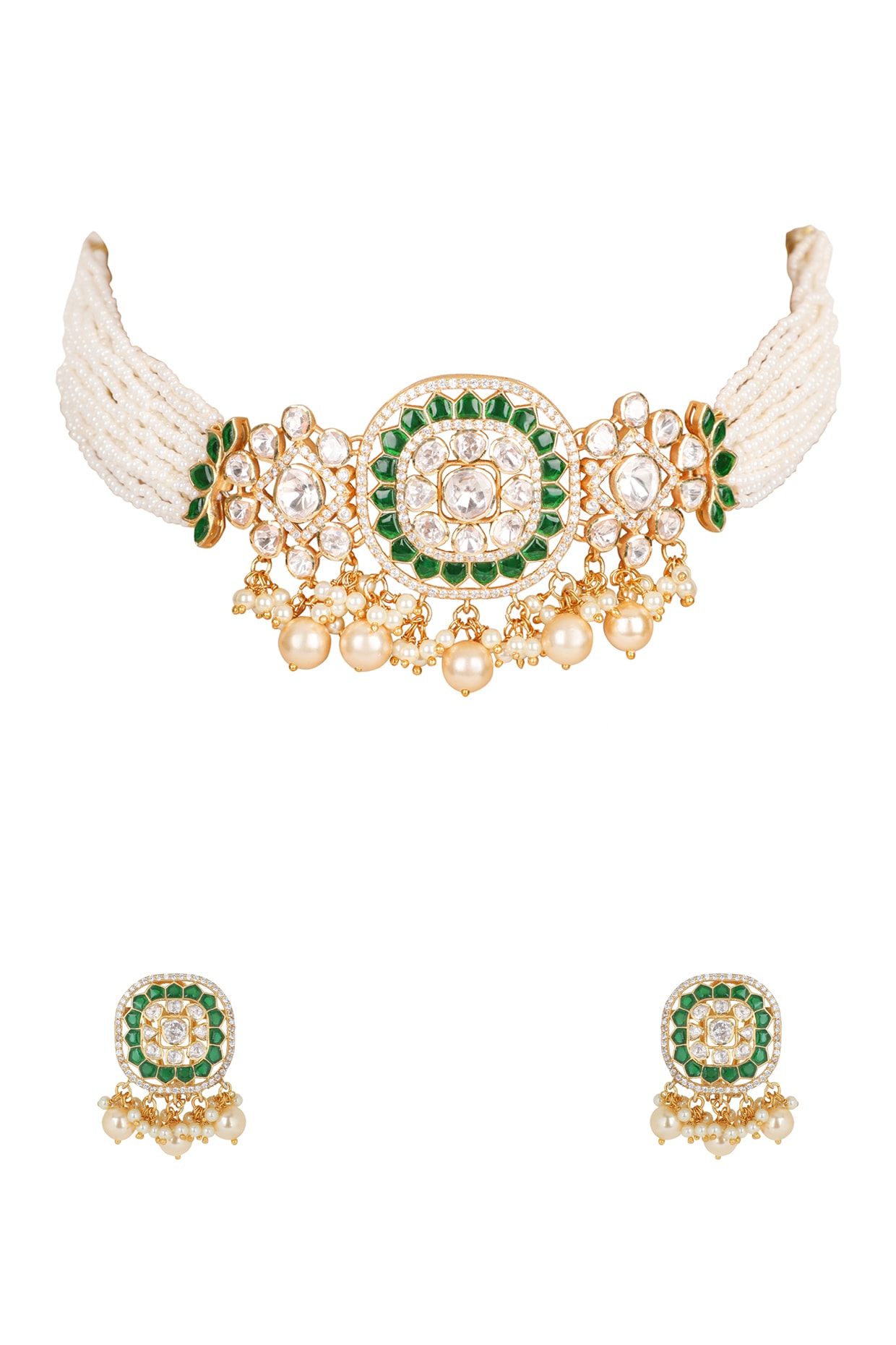 Gold Finish Kundan Polki Choker Necklace Set In Sterling Silver by Sica ...