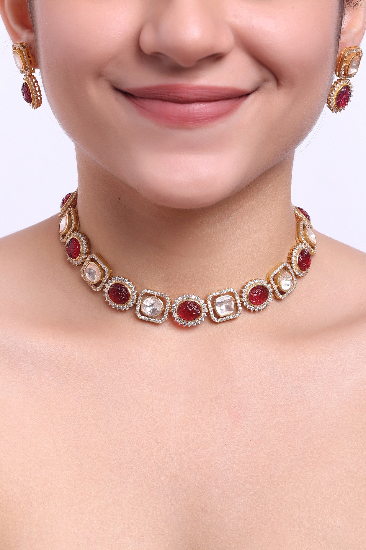 Gold Finish Kundan Polki Red Stone Necklace Set In Sterling Silver by Sica Jewellery at Pernia s Pop Up Shop