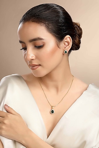 Gold Plated Green Zircon Long Pendant Necklace Set In Sterling Silver ...