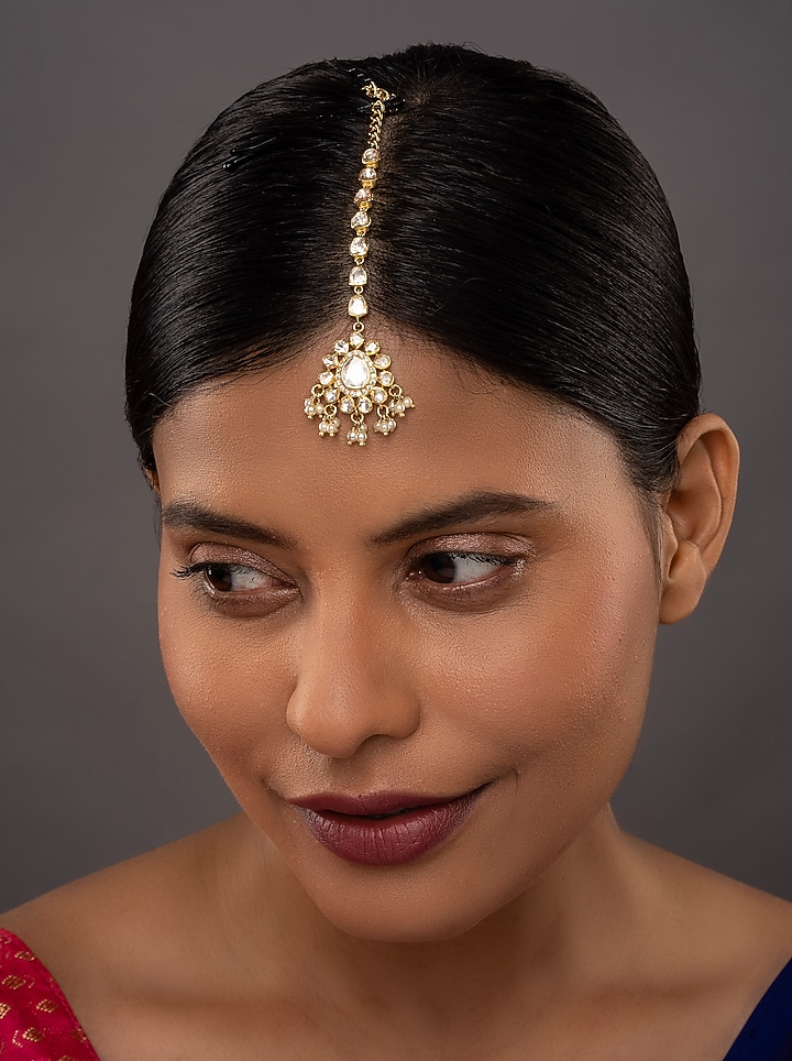 Gold Rhodium Plated Yellow Kundan Polki Maang Tikka In Sterling Silver ...