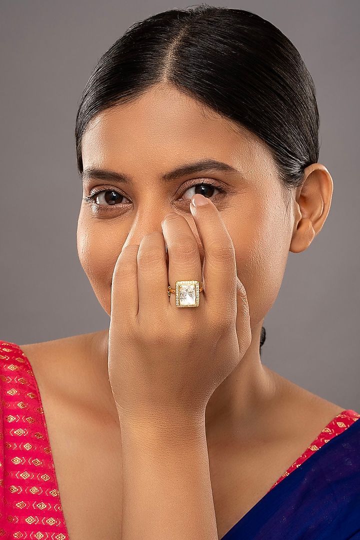 Gold Rhodium Plated Yellow Kundan Polki Ring In Sterling Silver by Sica ...