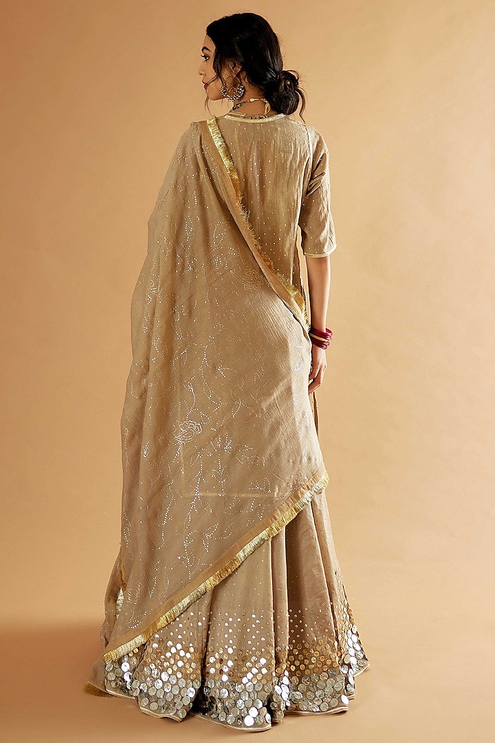 Beige Brown Pure Silk Mukaish Embroidered Wedding Lehenga Set by Sihali ...