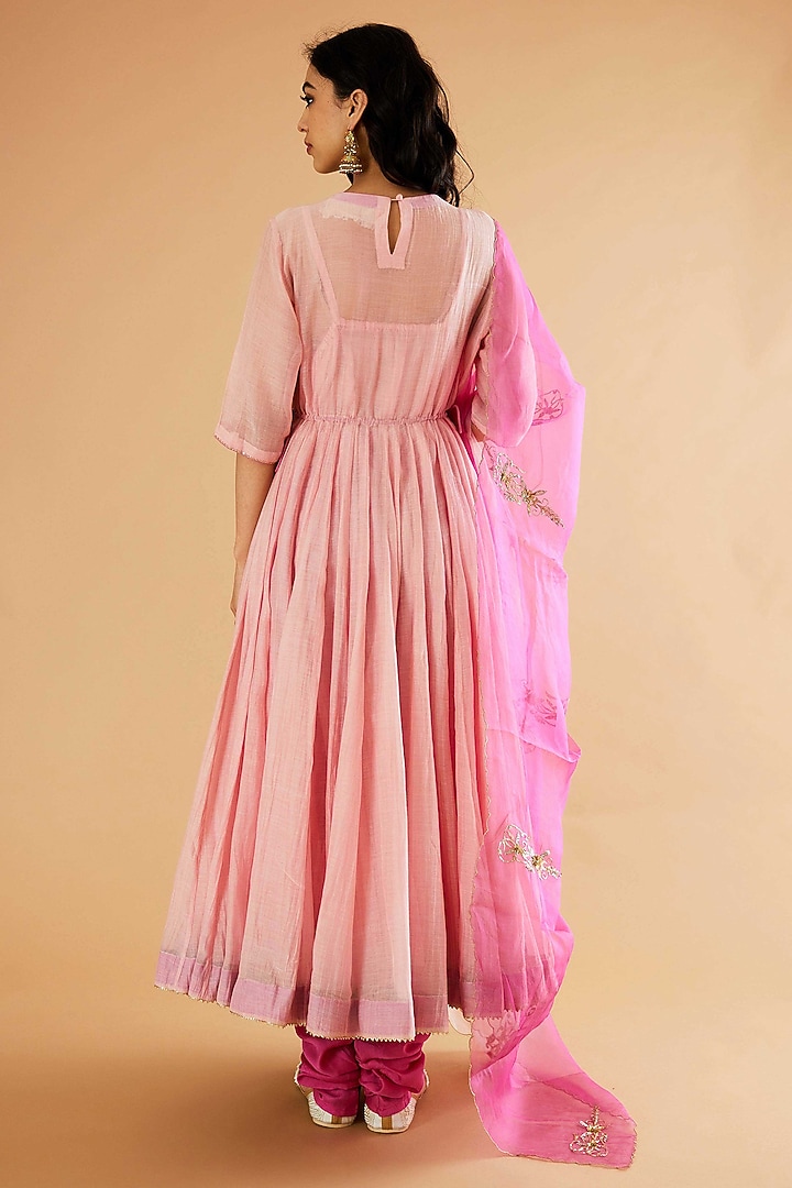 Pink Pure Mul Chanderi Karchobi Embroidered Wedding Anarkali Set by ...