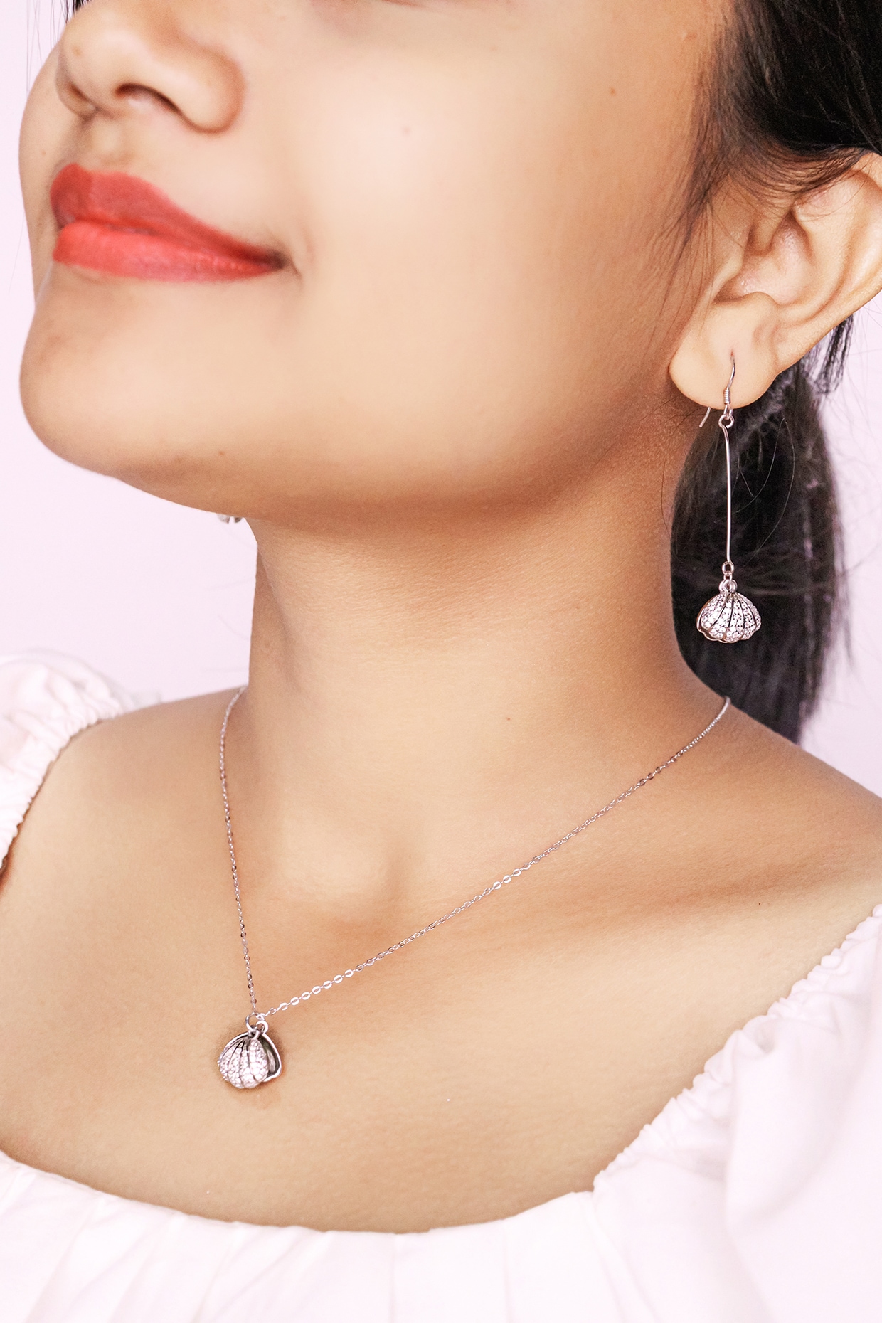 White Finish Cubic Zirconia Open Shell Pendant Necklace Set In Sterling ...