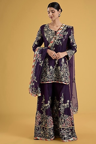 Purple Dupion Silk Aari Hand Embroidered Kalidar Sharara Set by Simar ...