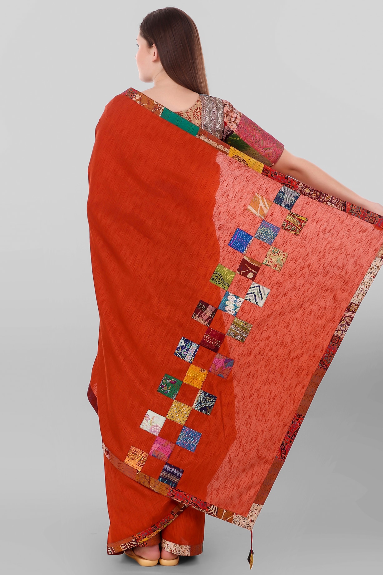 Rust Kantha Embroidered Saree by Simply Kitsch at Pernia's Pop Up Shop 2025