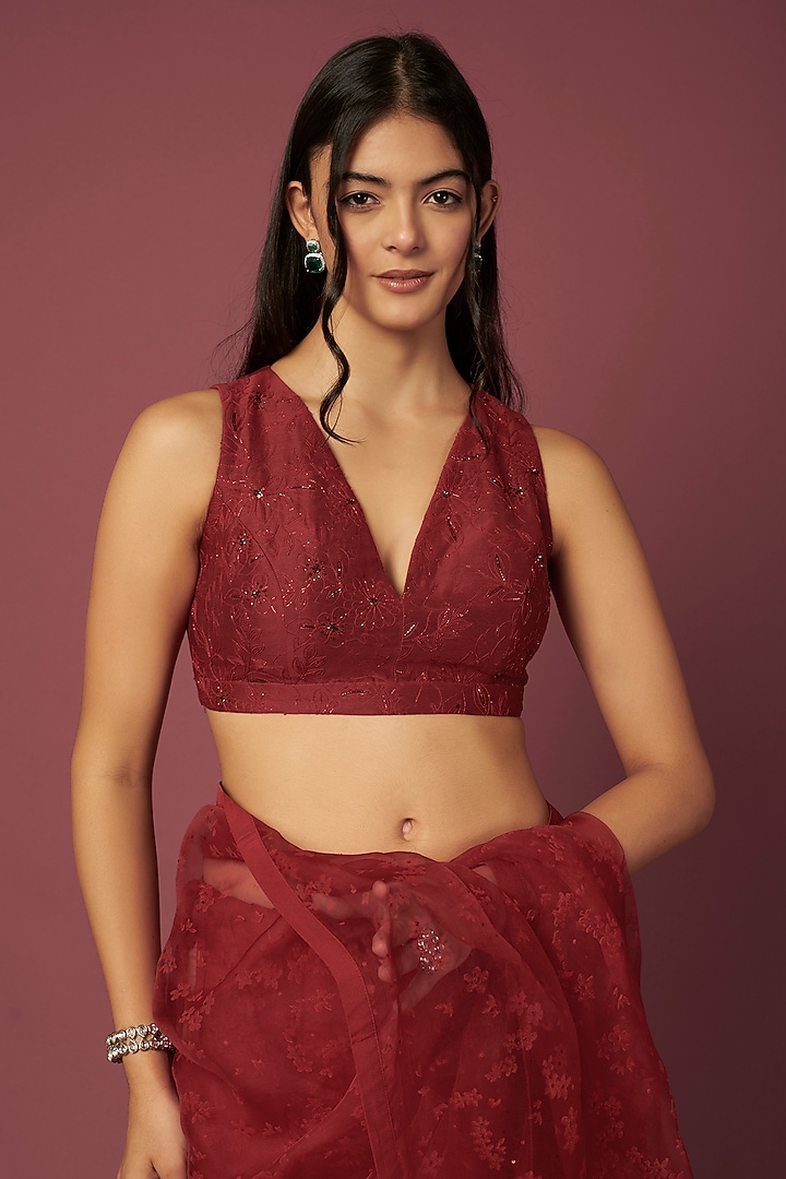 Ruby Red Silk Organza Floral Printed & Sequins Embroidered Saree Set by Shiori at Pernia's Pop ...