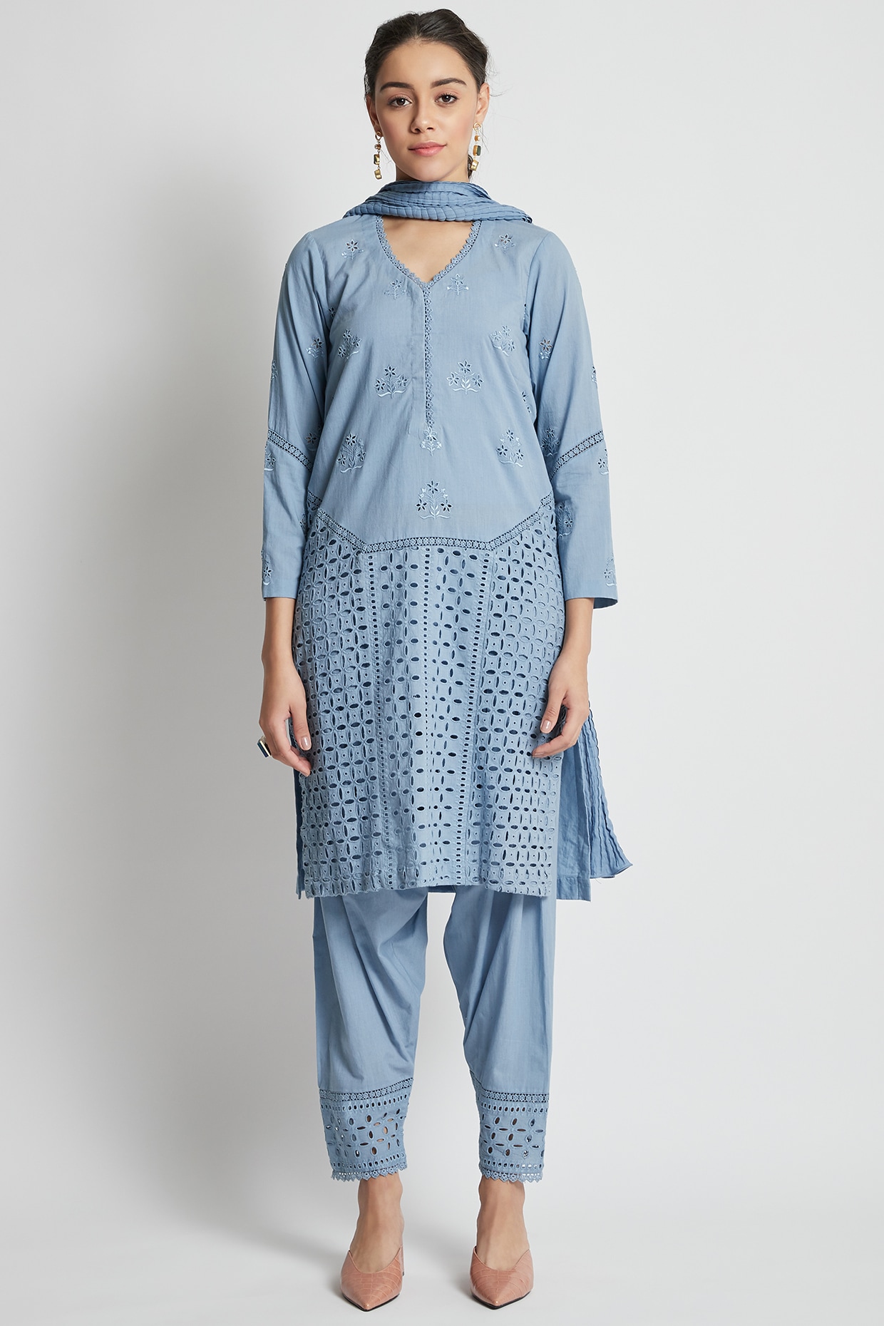 Turkish Blue Embroidered Kurta Set by Sitaraa at Pernia's Pop Up Shop 2025