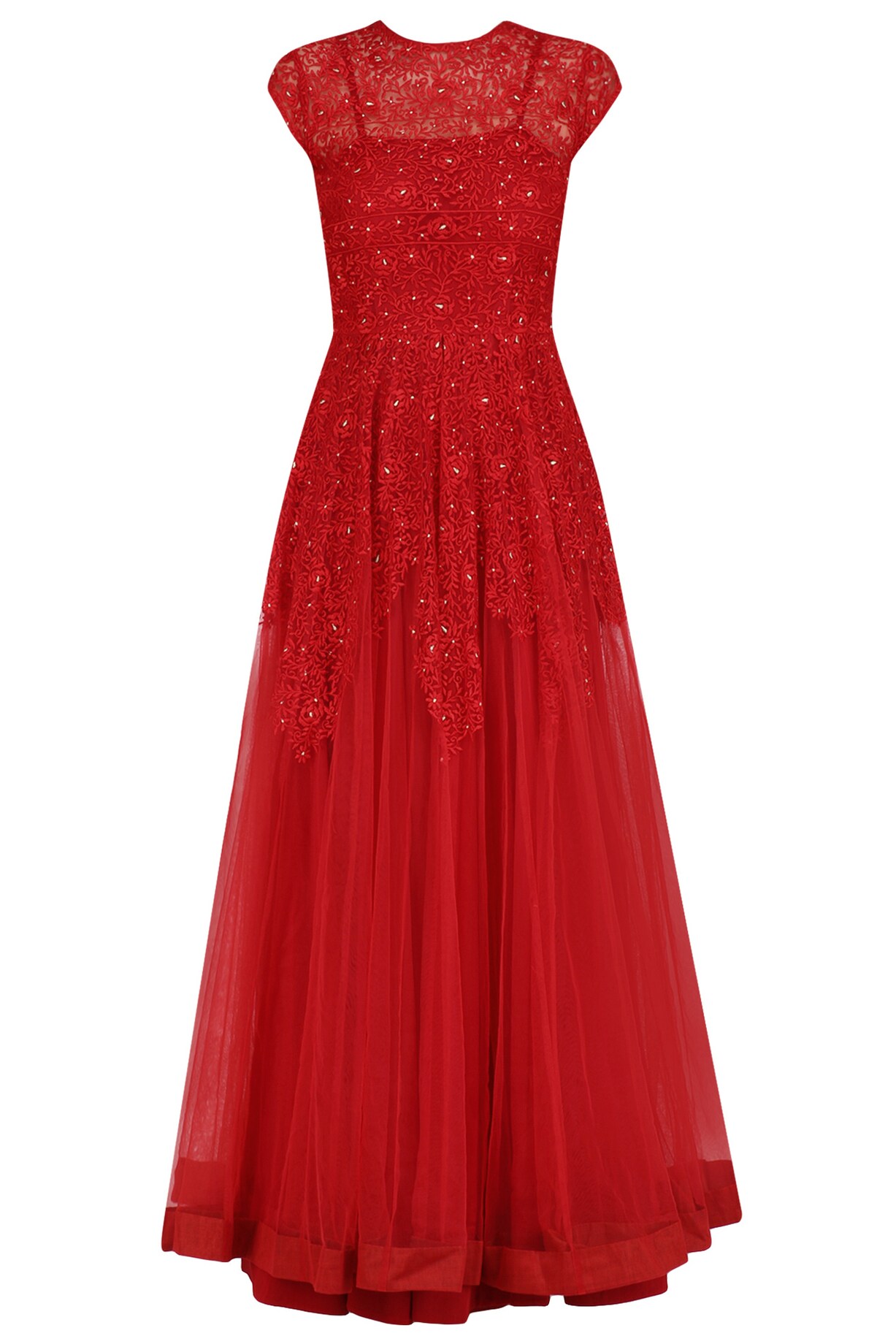 Red anarkali kurta with floral embroidered net jacket available only at ...