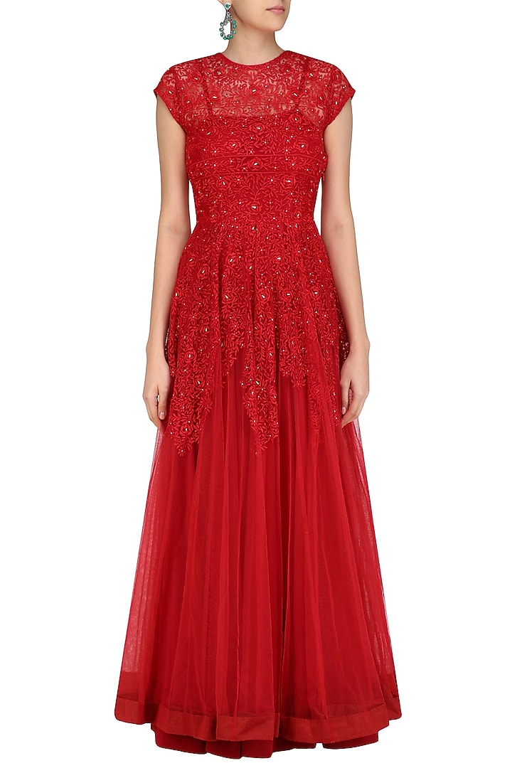 Red anarkali kurta with floral embroidered net jacket available only at ...