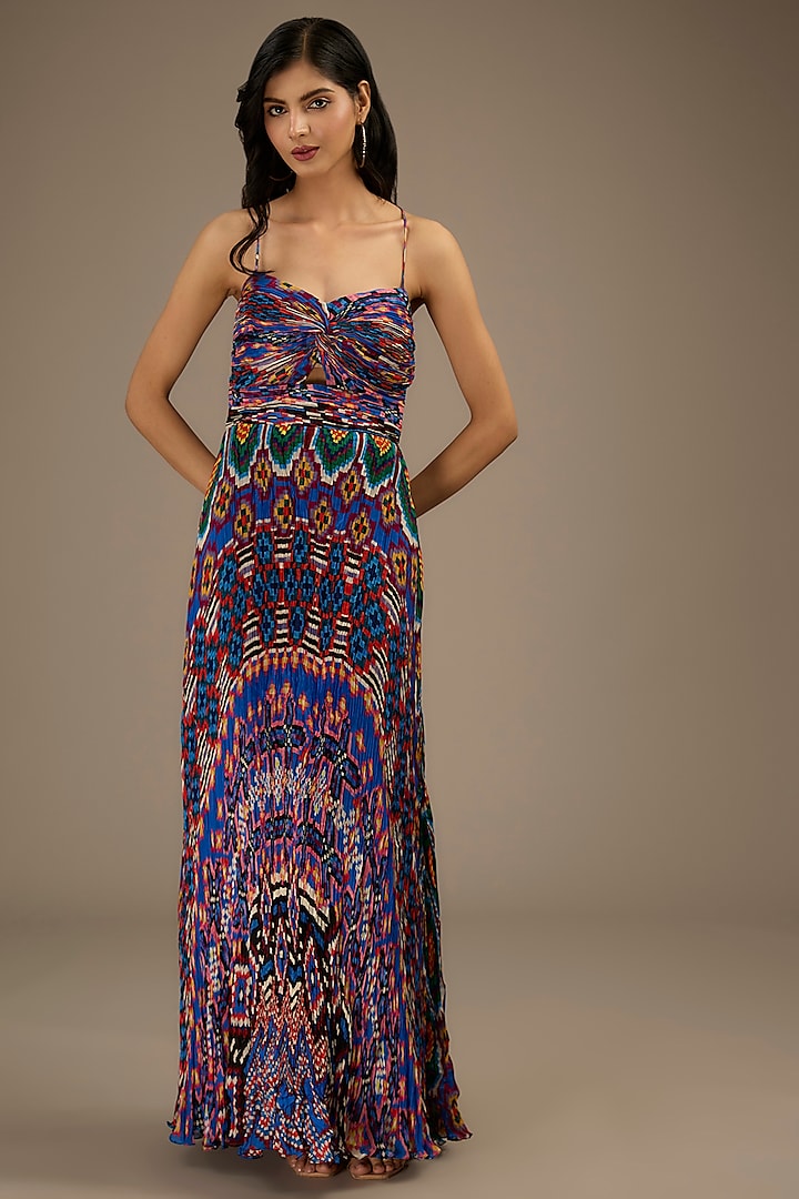 Multi Colored Chiffon Ikat Printed Pleated Maxi Dress By Saaksha