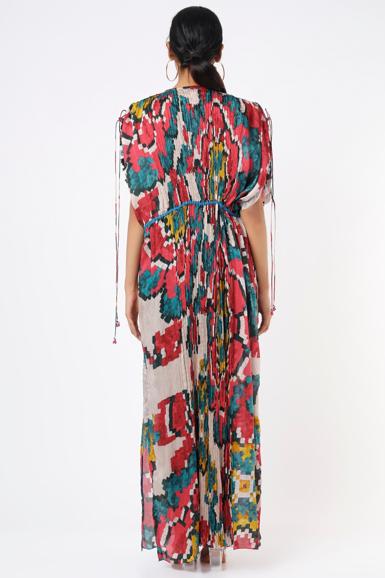 Multi Colored Chiffon And Satin Ikat Printed Maxi Dress By Saaksha