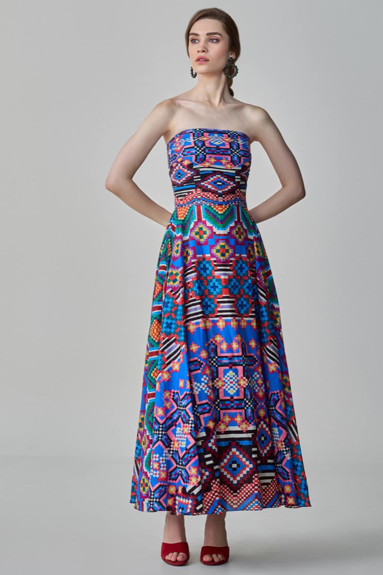 Multi Colored Cambric Ikat Printed Maxi Dress By Saaksha And Kinni At