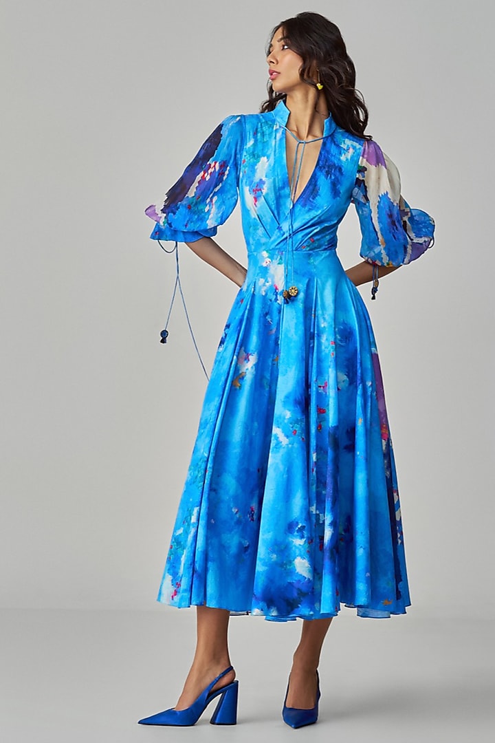 Blue Cambric And Organza Ikat Printed Wrap Style Midi Dress By Saaksha