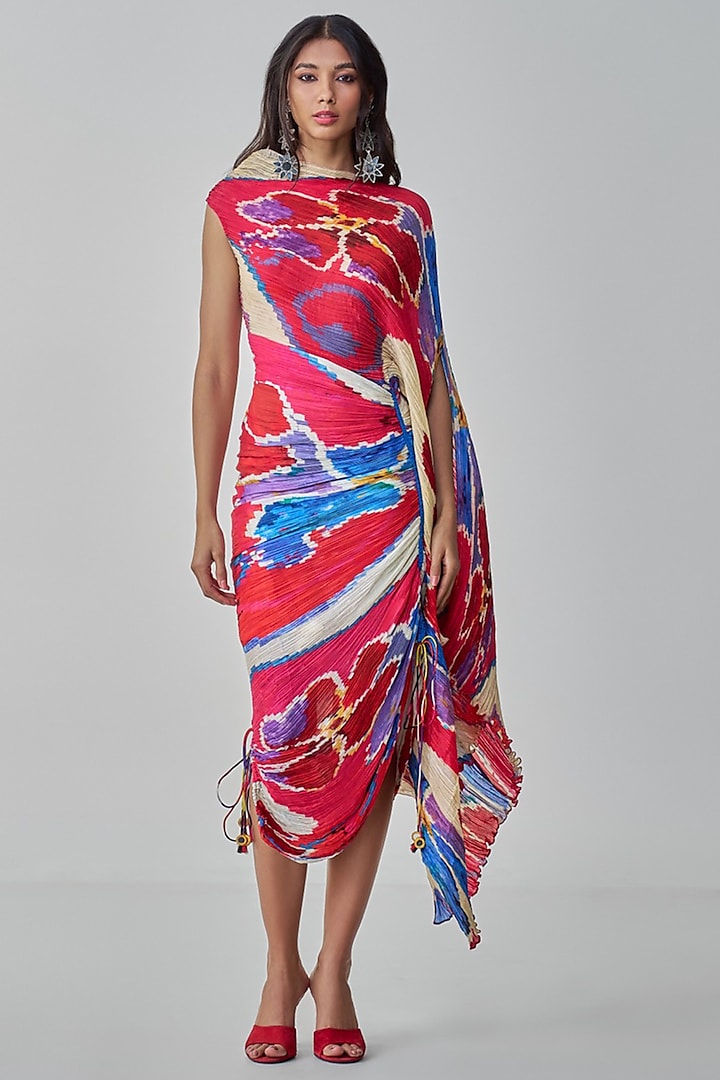 Pink And Red Shimmer Crush Ikat Printed Midi Dress By Saaksha And Kinni At