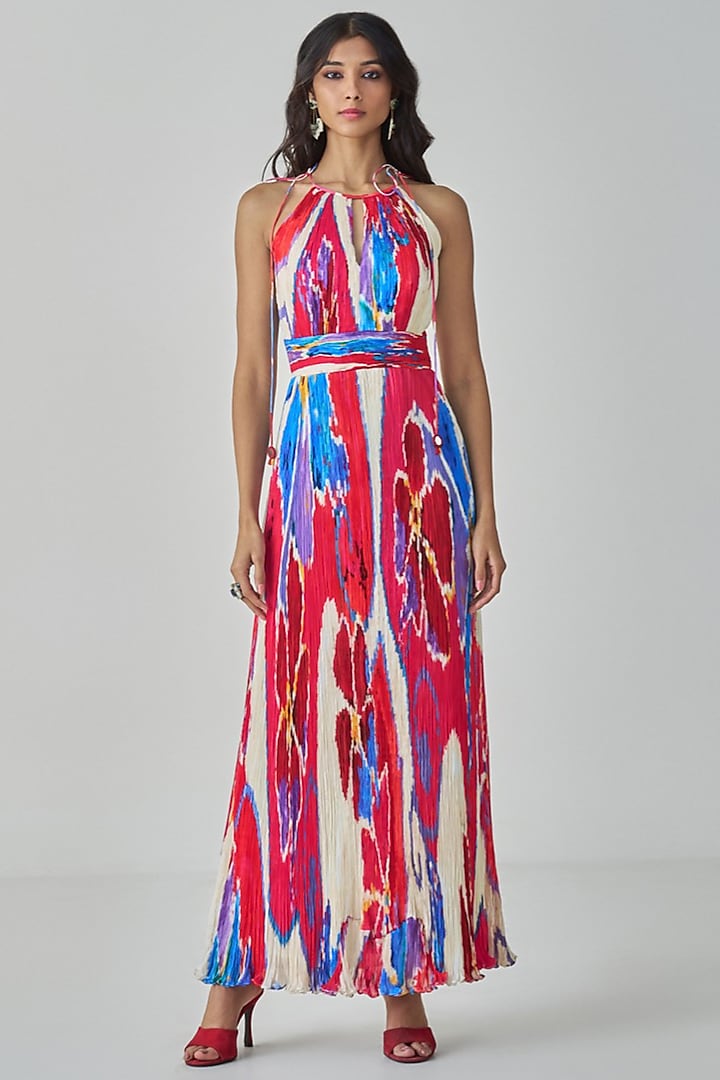 Pink And Red Chiffon Ikat Printed Maxi Dress By Saaksha And Kinni At Pernia