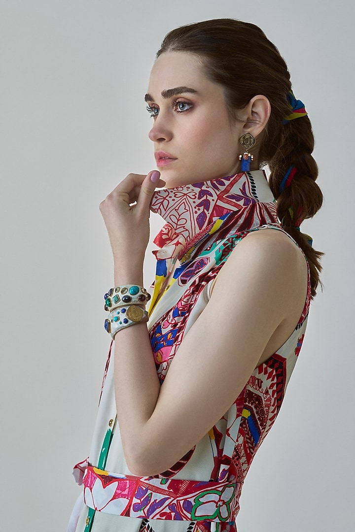 Ivory And Multi Colored Satin Paisley Printed Maxi Shirt Dress By Saaksha
