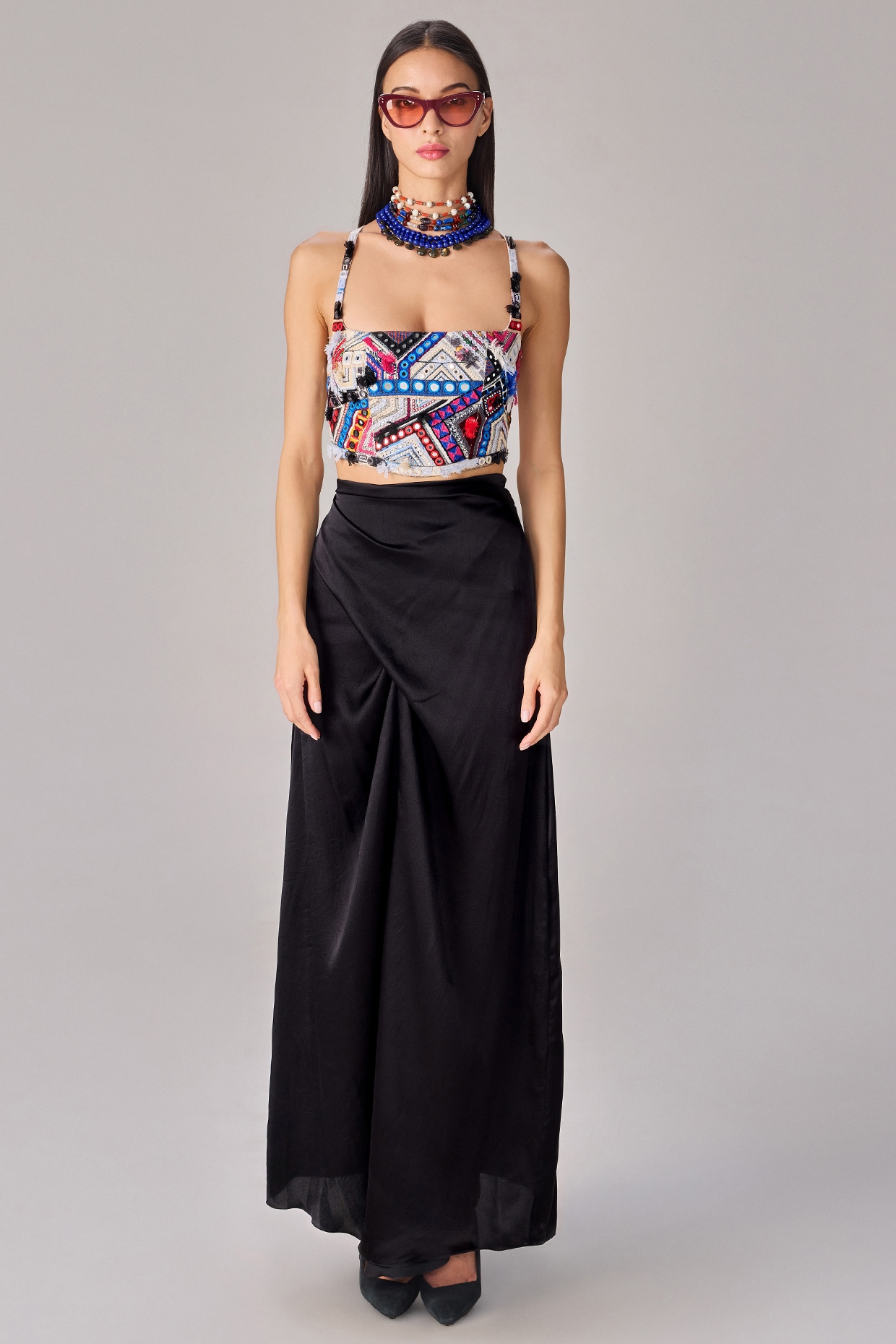 Black Satin Wrap Maxi Skirt Set by Saaksha & Kinni at Pernia's Pop Up ...