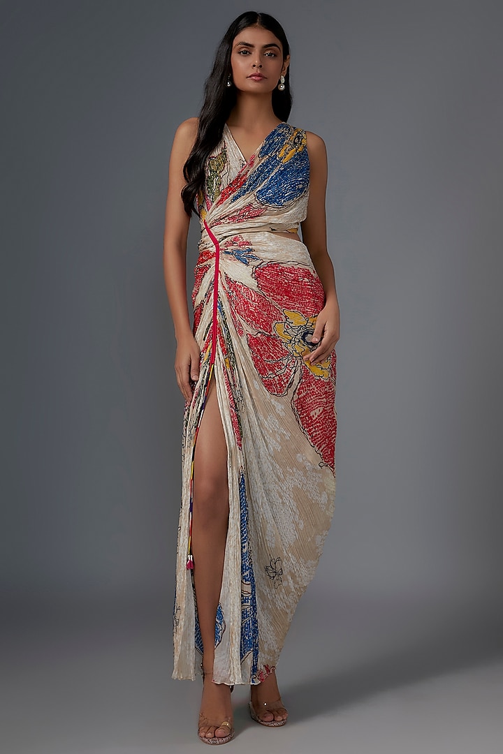 White Cotton Silk Bandhani Printed Dress By Saaksha And Kinni At Pernias