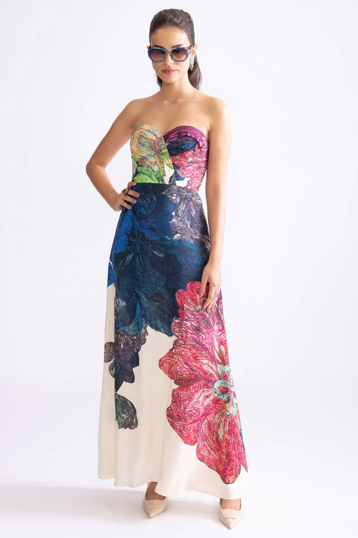 Multi-Colored Habutai Daisy Printed Draped Maxi Dress by Saaksha & Kinni at Pernia's Pop Up Shop ...