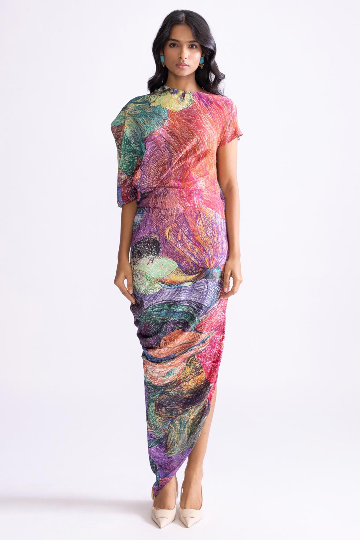 Multi-Colored Habutai Daisy Printed Draped Kaftan-Style Dress by Saaksha & Kinni at Pernia's Pop ...