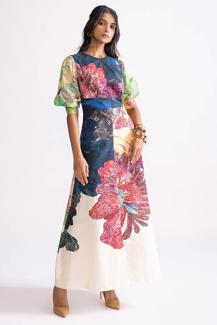Multi Colored Cambric Daisy Printed Maxi Dress By Saaksha And Kinni At